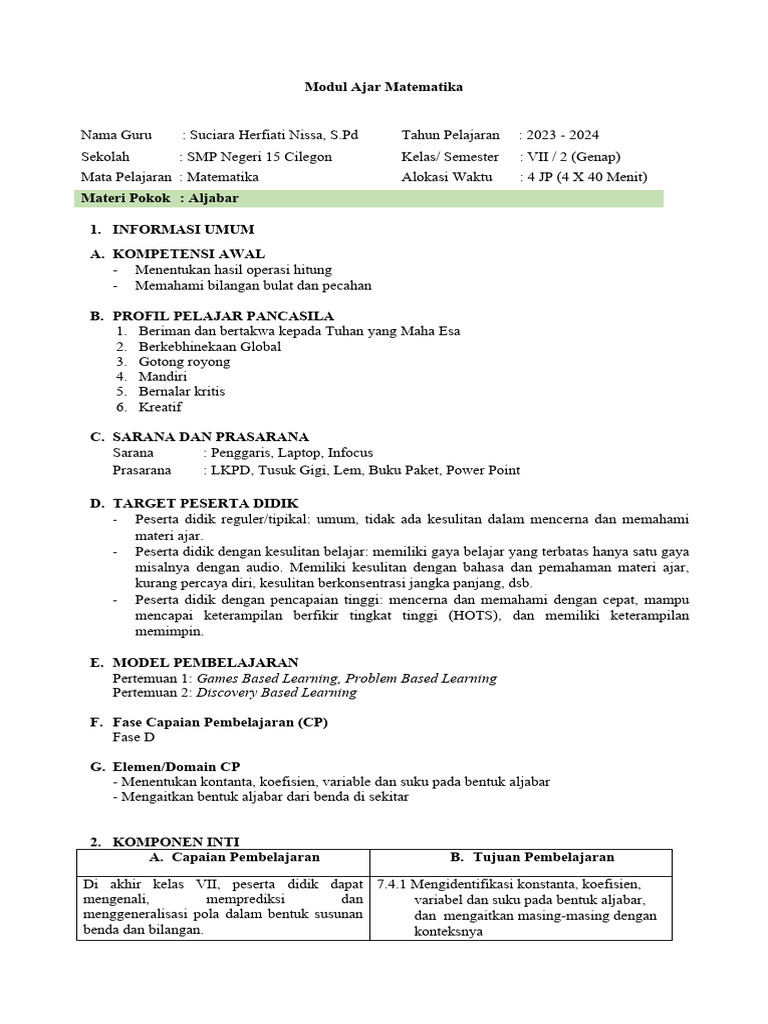 Modul Ajar BENTUK ALJABAR (4JP) | PDF