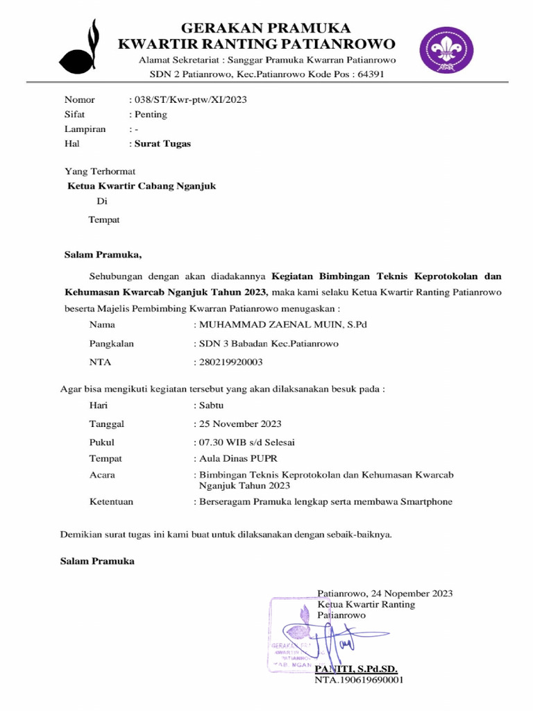 Surat Tugas Bimtek Kehumasan | PDF