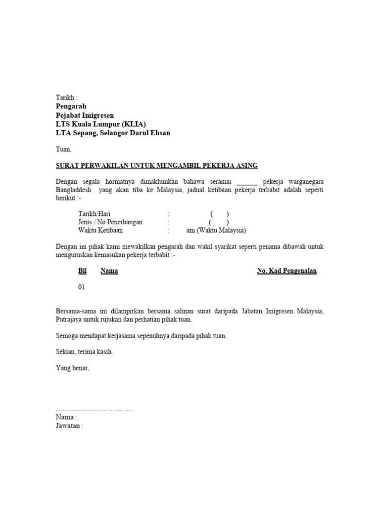 Surat Perwakilan Untuk Mengambil Pekerja Asing - KLIA2 | PDF