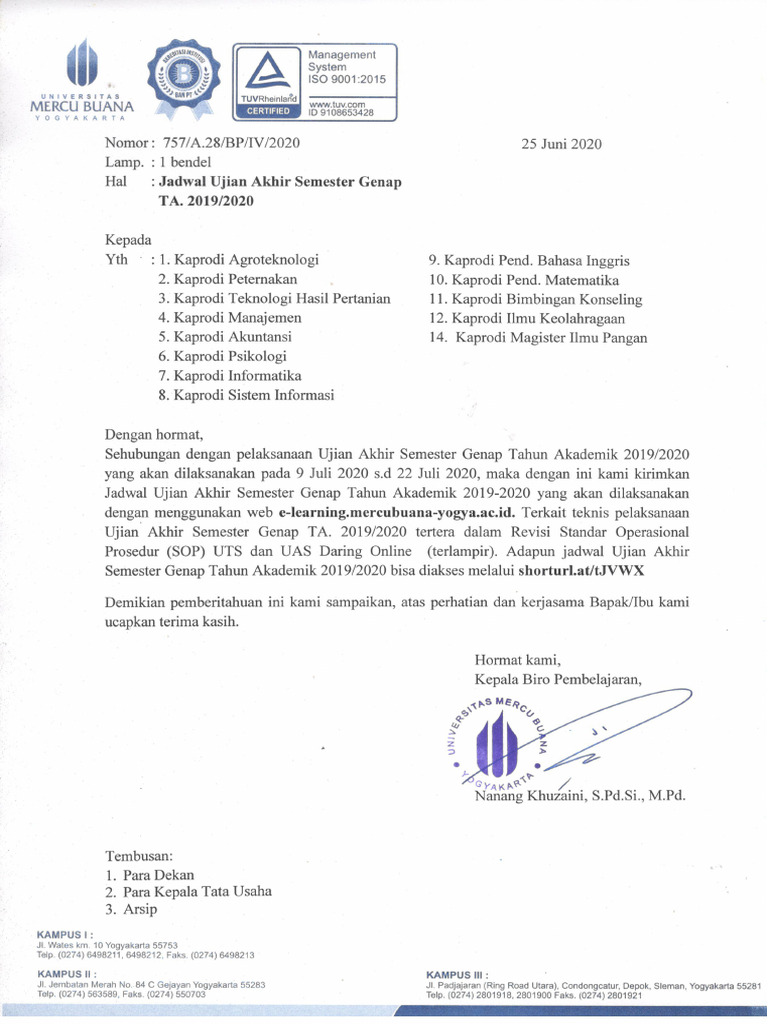 Surat Pemberitahuan Jadwal UAS Genap Dan SOP Pelaksanaan UAS 1 1 | PDF