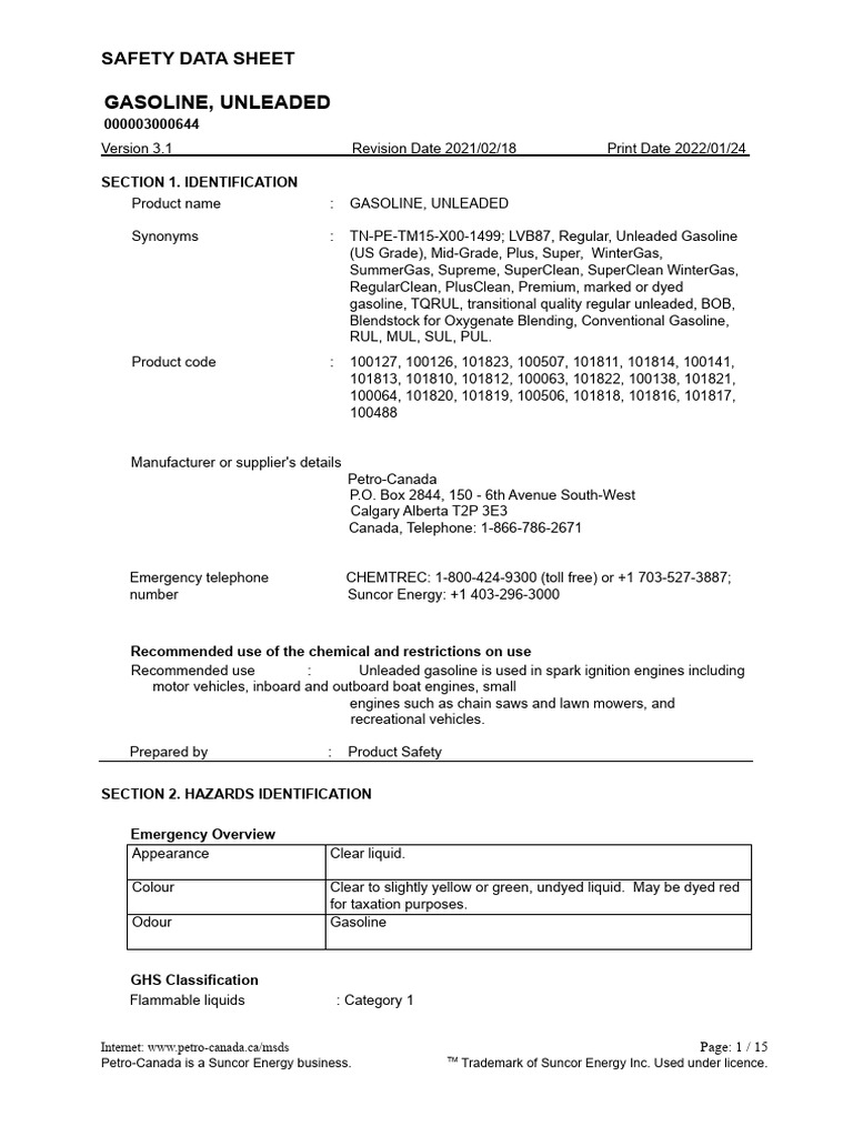 SDS Petro Canada Gasoline Unleaded | PDF | Gasoline | Toxicity
