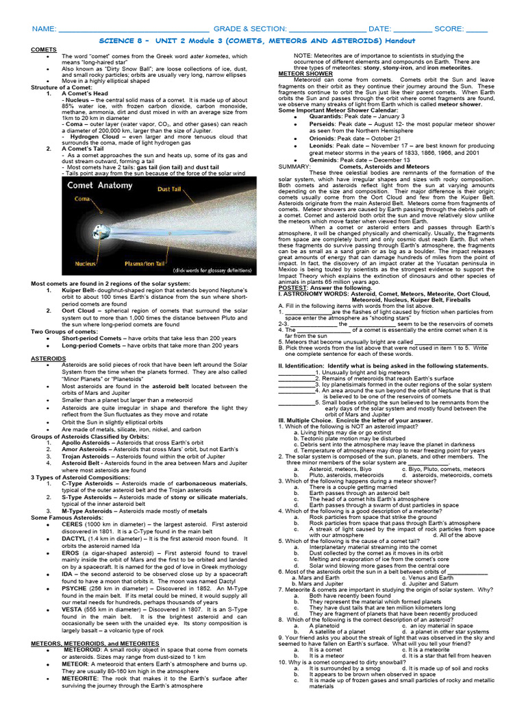 Comets Meteors Asteroids Handout and Pretest | PDF | Asteroid | Meteoroid