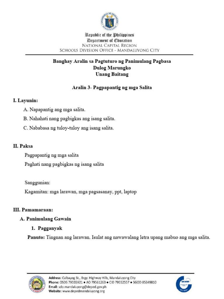 WEEK 3 Banghay Aralin Sa Pagtuturo NG Panimulang Pagbasa Pagpapantig NG ...