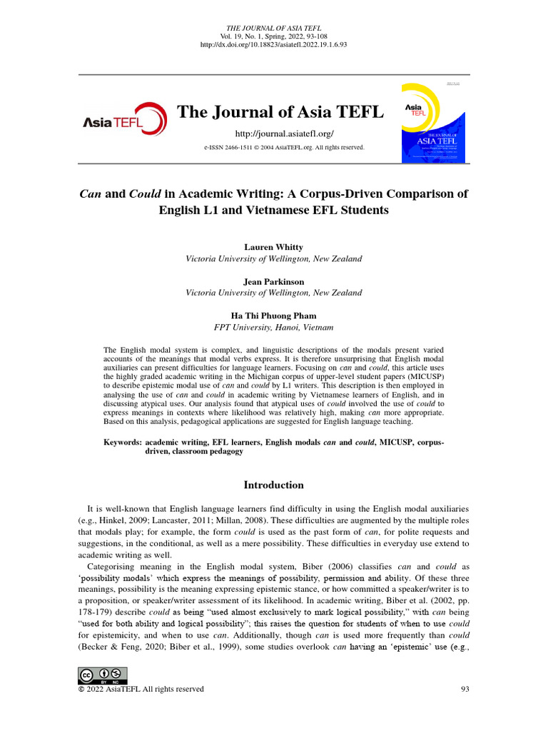 AsiaTEFL V19 N1 Spring 2022 Can and Could in Academic Writing A Corpus ... AsiaTEFL V19 N1 Spring 2022 Can and Could in Academic Writing A Corpus ...