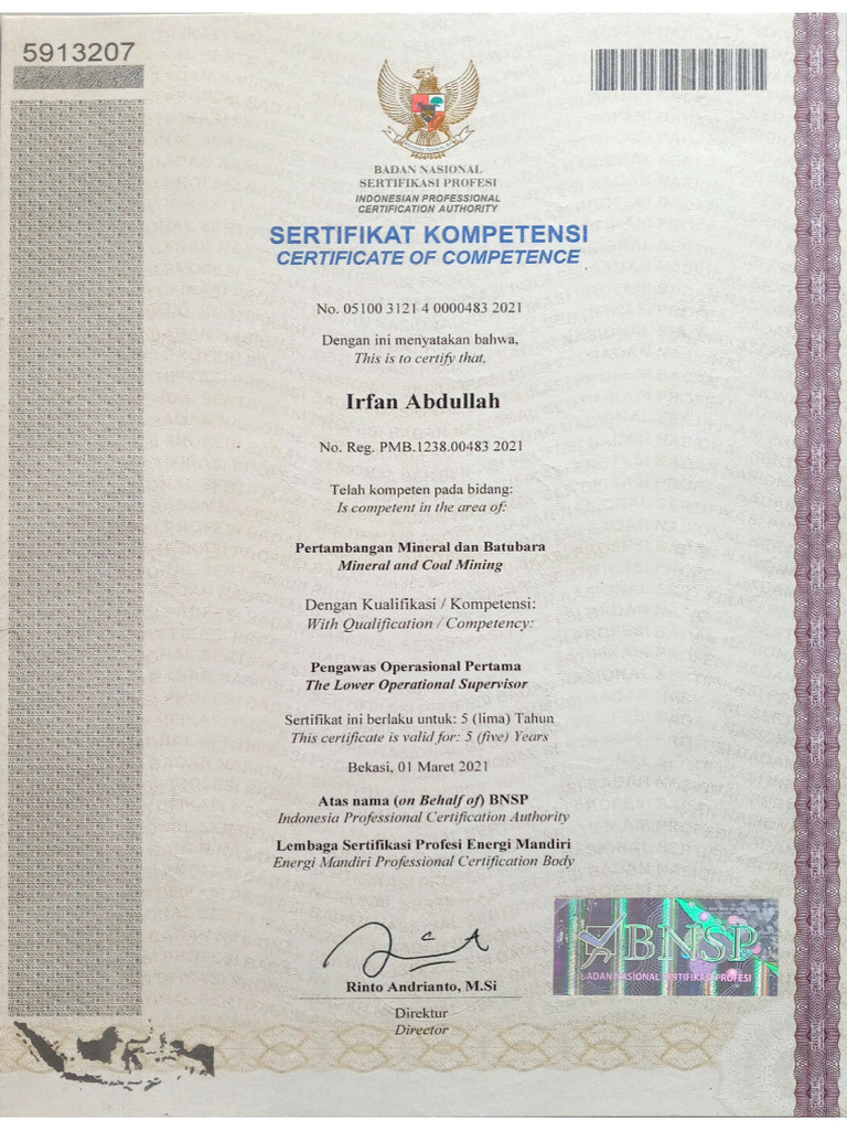 Sertifikat Pop BNSP Irfan | PDF