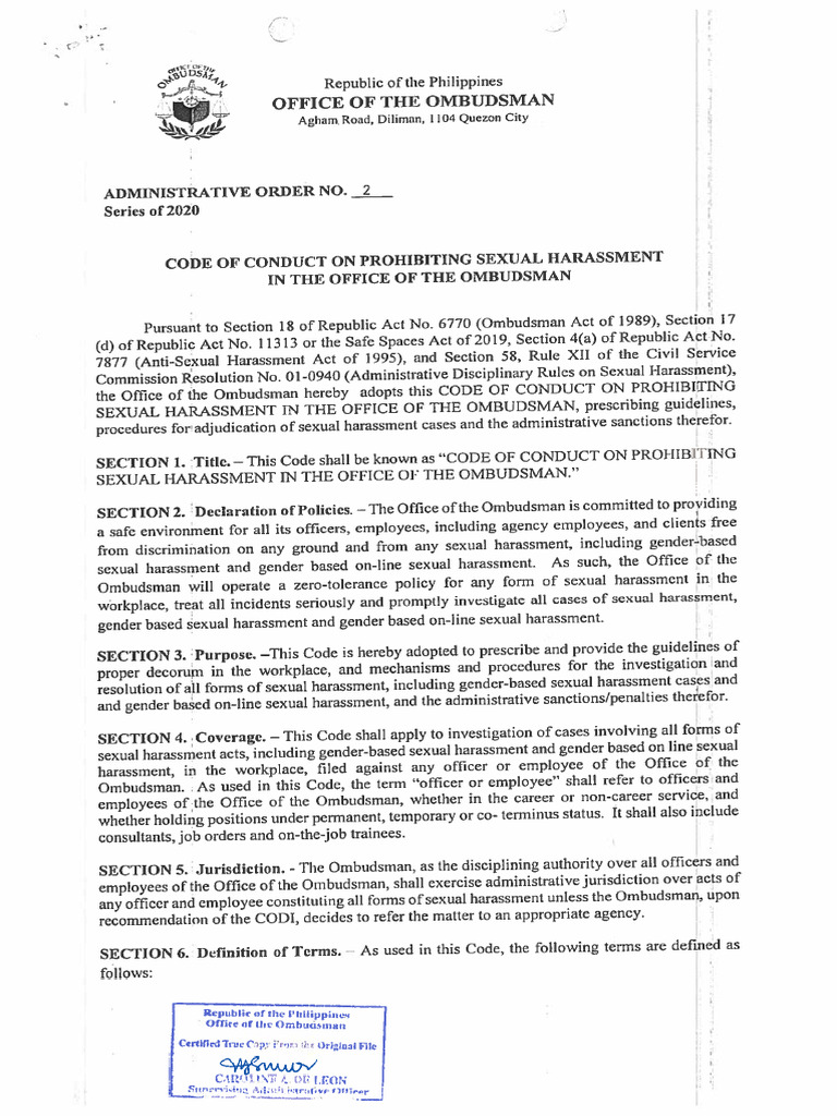 Ombudsman Administrative Order No. 2 S2020 Code of Conduct | PDF