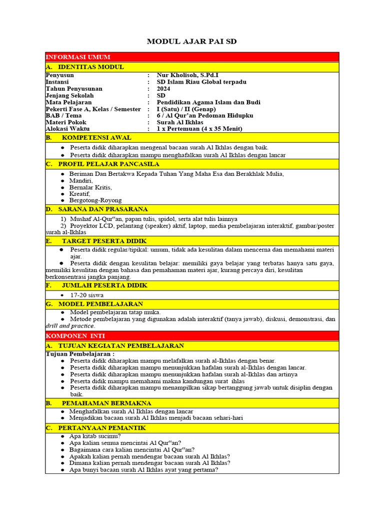 Modul RPP Surat Al Ihlas | PDF | Karier & Perkembangan