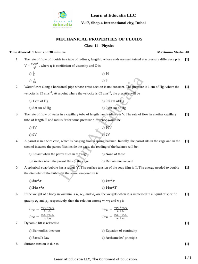 Mechanical Properties of Fluids - Class 11 | PDF | Surface Tension ...