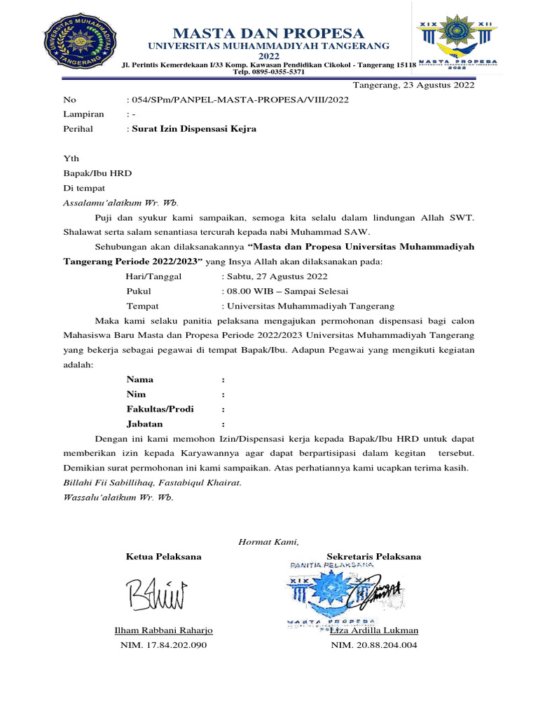 Surat Izin Dispensasi Kerja Masta Propesa 2022 - 220825 - 195826 | PDF Surat Izin Dispensasi Kerja Masta Propesa 2022 - 220825 - 195826 | PDF