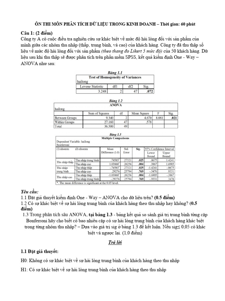 Ã"N THI MÃ"N PHÃ N TÃ CH Dá ® LIá U TRONG KINH DOANH | PDF