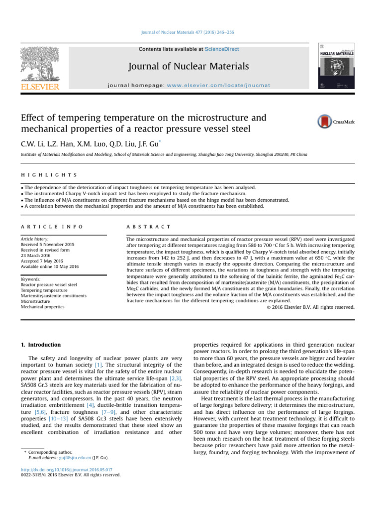 Effect of Tempering Temperature On The Microstructure and Mechanical Properties of A Reactor ...