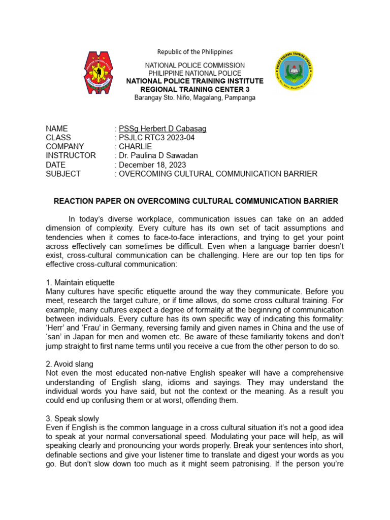 Reaction-Paper-Format (Overcoming Cultural Communication Barrier) | PDF ...