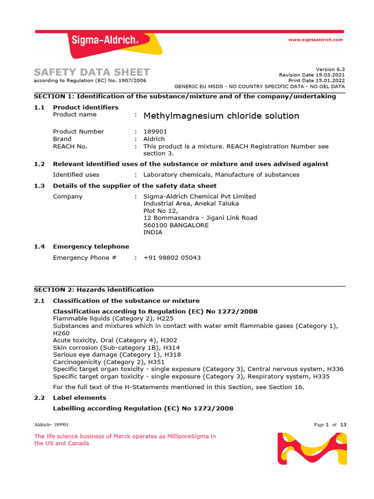 Methylmagnesium Chloride Safety Data Sheet | PDF | Toxicity | Safety