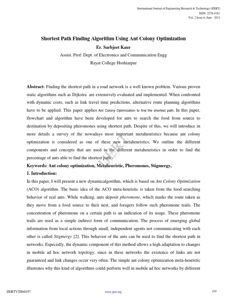 Shortest Path Finding Algorithm Using Ant Colony Optimization Ijertv2is60197 Pdf