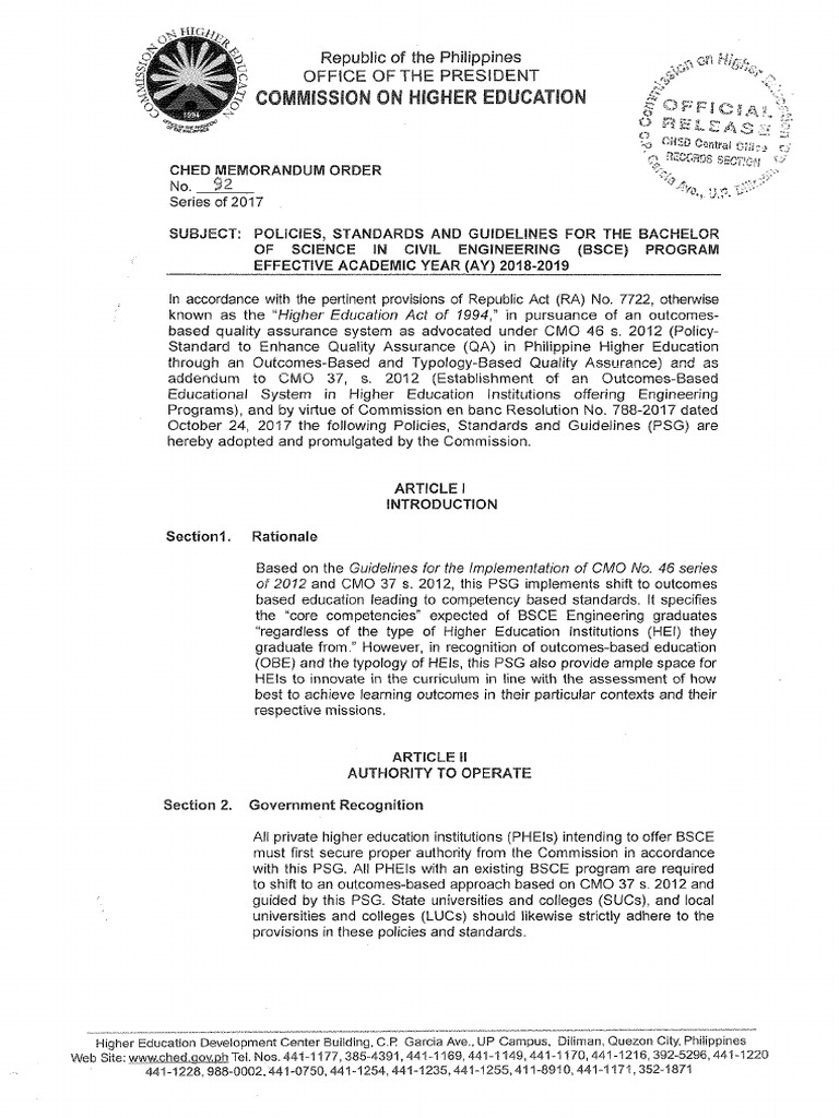 CMO 92: BS Civil Engineering Guidelines | PDF | Educational Assessment ...