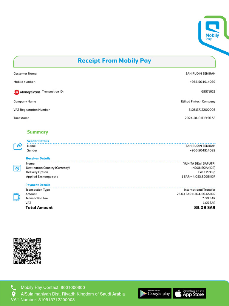 Receipt From Mobily Pay: Total Amount 83.08 SAR | PDF | Finance & Money Management