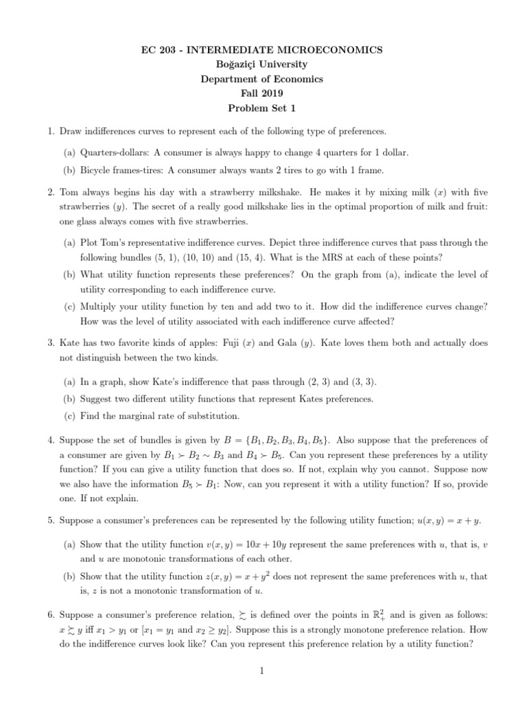 EC203 - Problem Set 1 | PDF | Utility | Consumers