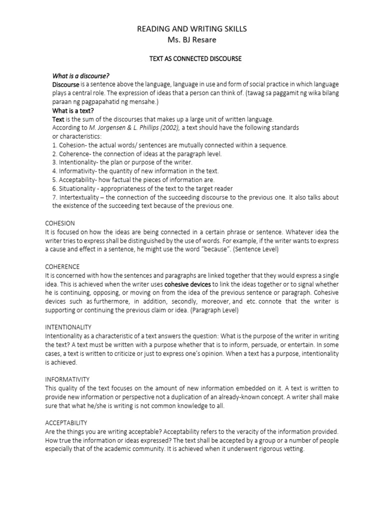 TEXT AS CONNECTED DISCOURSE - Handouts | Download Free PDF | Discourse | Intertextuality