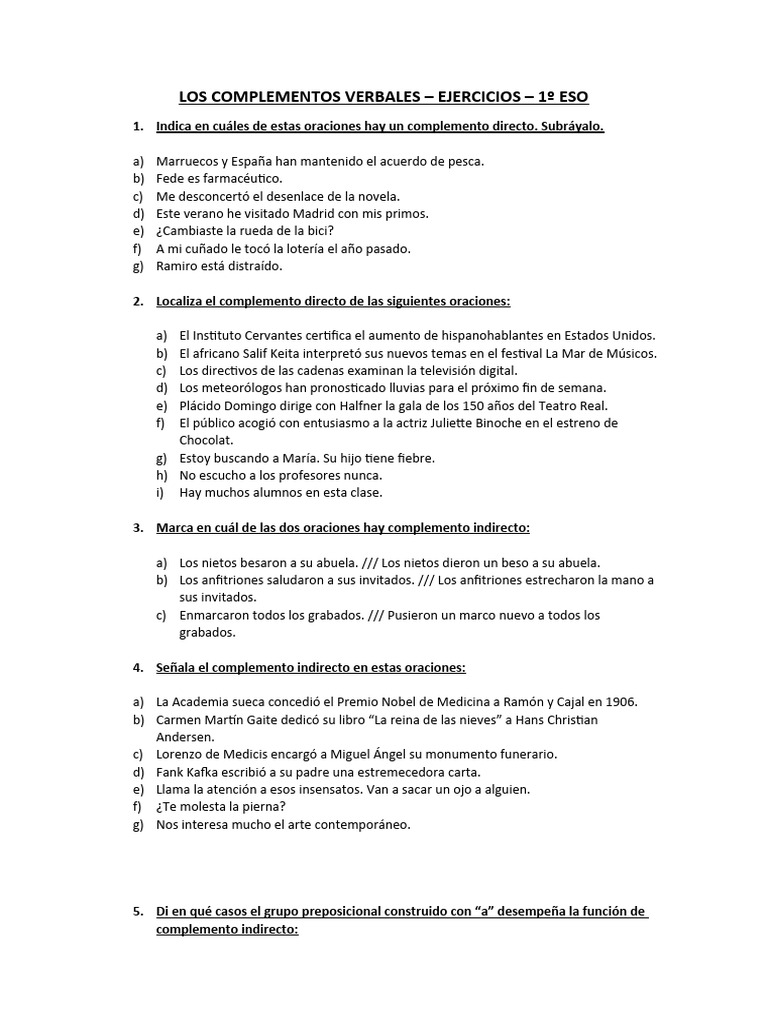 Los complementos verbales- Ejercicios (1) | PDF