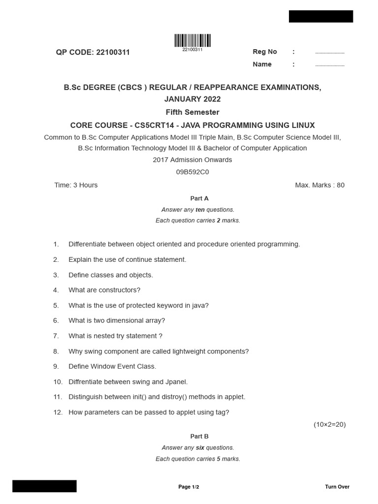 Bsc Bca 5 Sem Java Programming Using Linux 22100311 Jan 2022 Pdf Java Programming Language