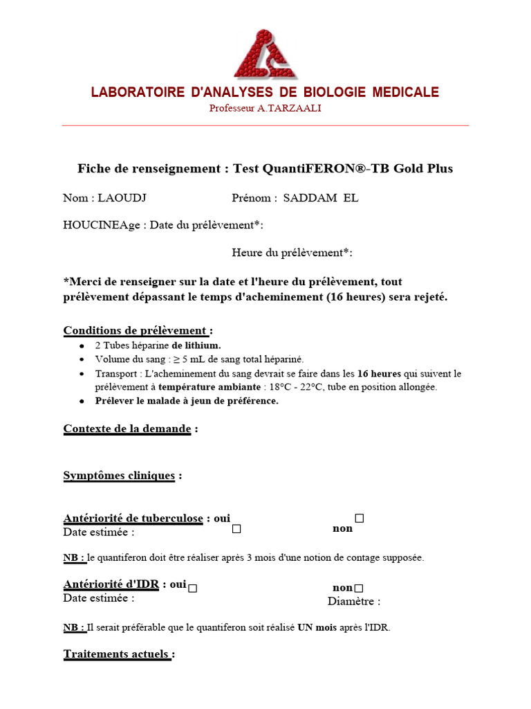 Test QuantiFERON : Prélèvement et Conditions | PDF