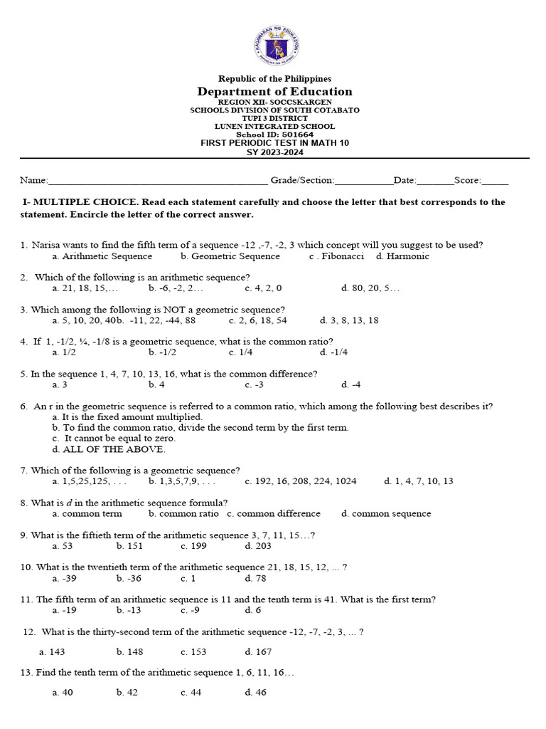 PT Mathematics-10 Q1 | PDF