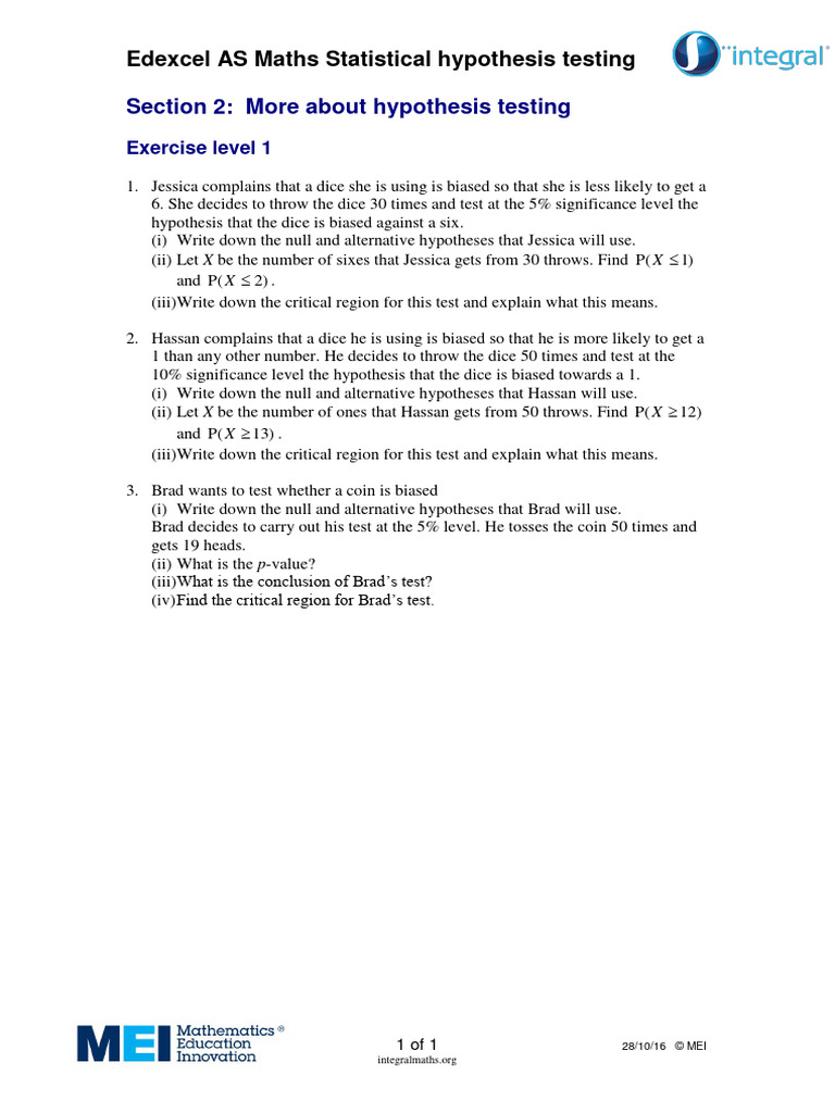 AS Maths: Hypothesis Testing Guide | PDF