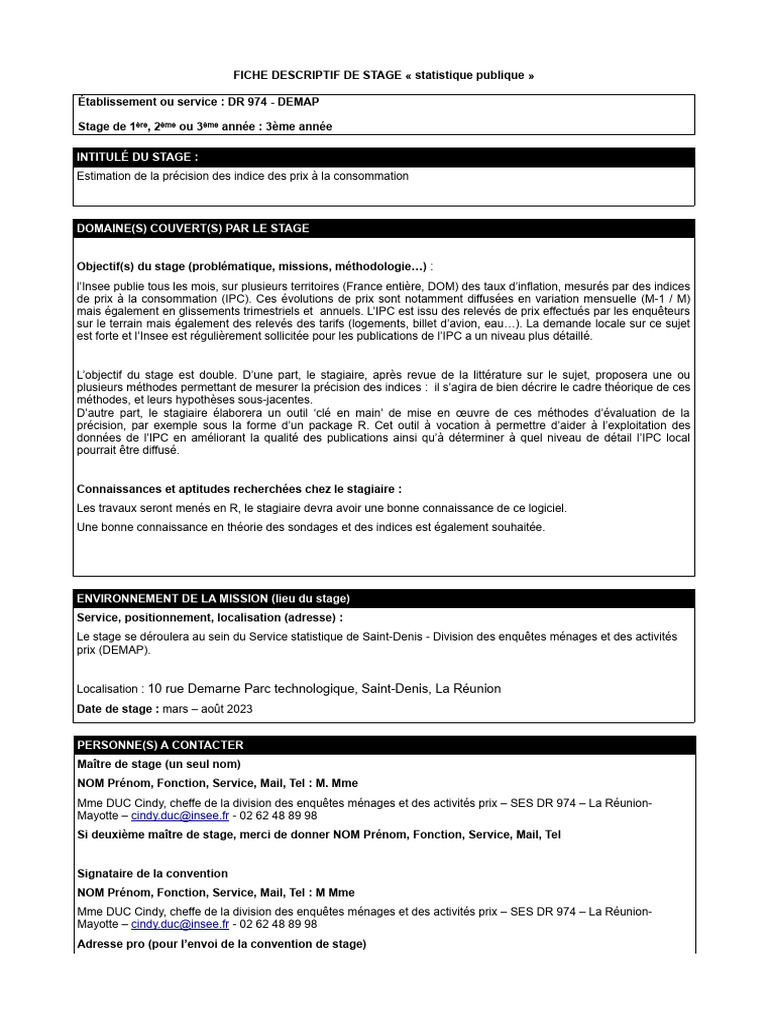 Annexe Fiche Descriptive de Stage Statistique Publique 2024 IC IPC | PDF