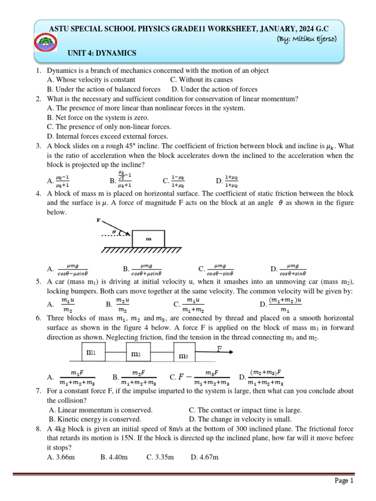 Grade 11 Physics Dynamics Worksheet | PDF | Force | Acceleration