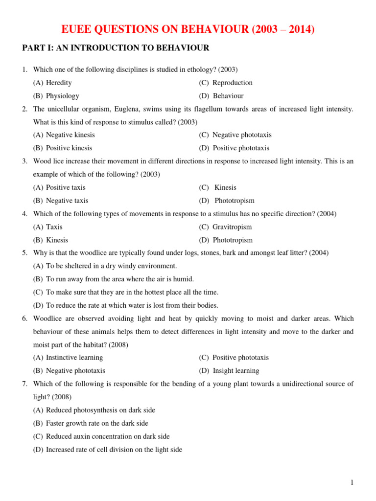 (Biol 12) Behaviour Entrance Exam (2003 - 2014) | PDF | Classical ...
