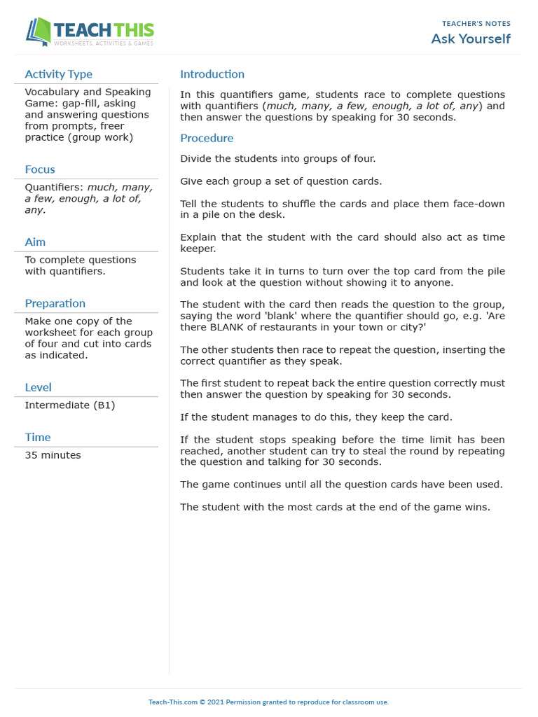Quantifiers Game for ESL Students | PDF | Language Arts & Discipline