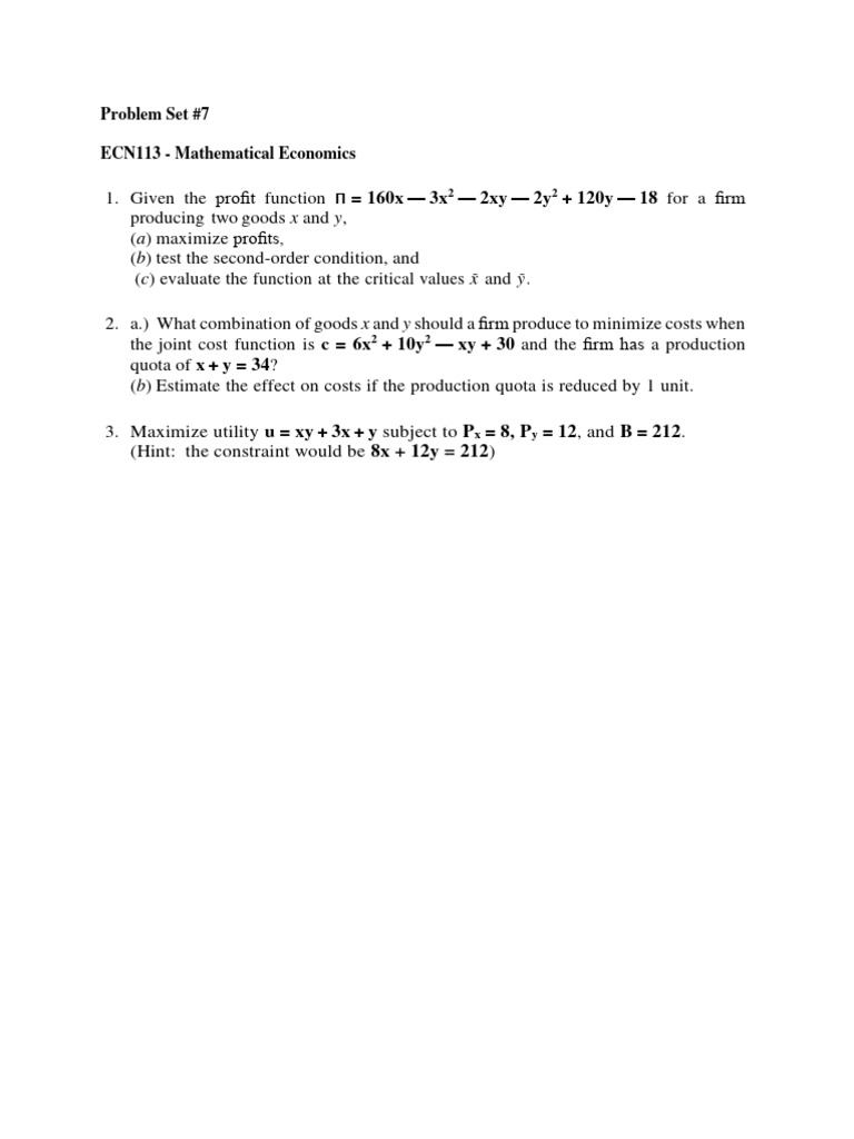 Problem Set #7 Calculus of Multivariable Functions | PDF