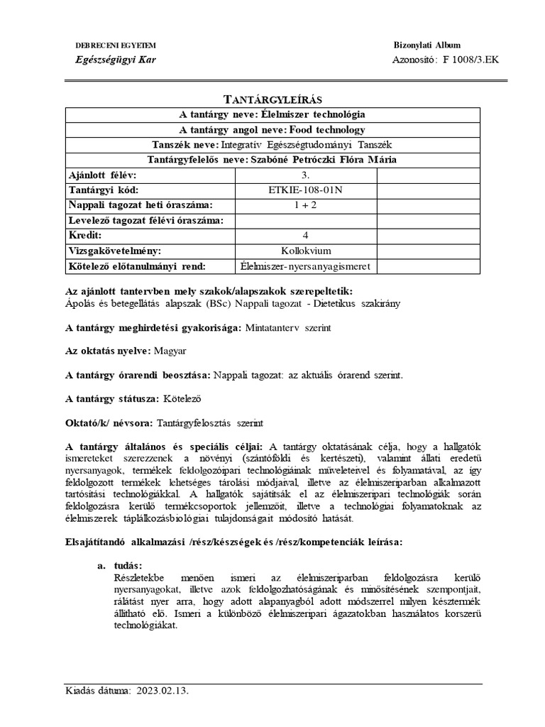 Élelmiszer Technologia Tárgyleírás 14 Hetes Változat | PDF