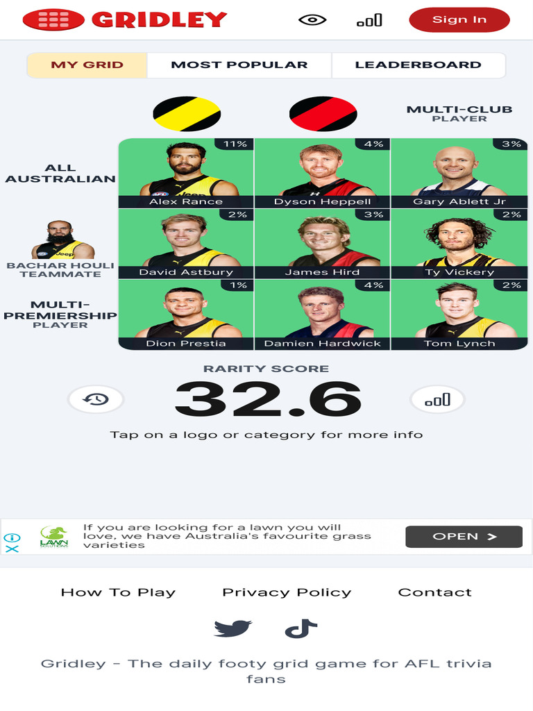 Gridley Footy Grid Game For AFL Trivia Fans 16 | PDF