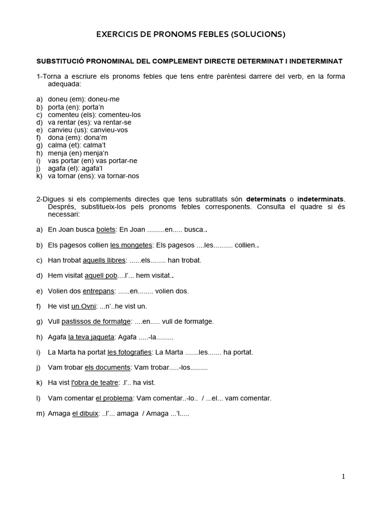 Exercicis-De-Pronoms-Febles (SOLUCIONS) | PDF