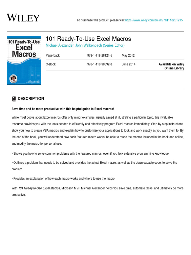 Wiley - 101 Ready-To-Use Excel Macros - 978-1-118-28121-5 | PDF | Microsoft Excel | Macro ...