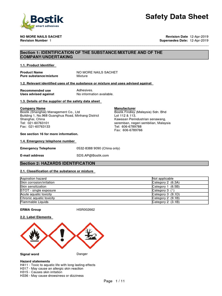 Bostik DIY Philippines No More Nails Safety Data Sheet | PDF | Toxicity | Carcinogen