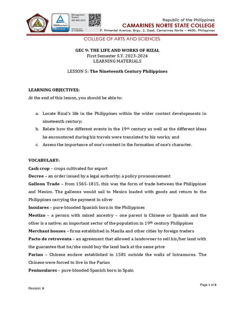 Lesson 5 The 19th Century Philippines | PDF | Philippines