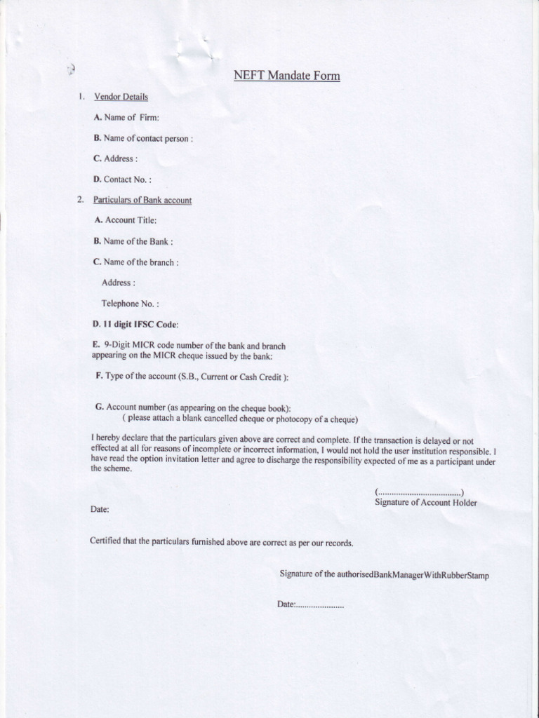 NEFT Mandate Form for JK Bank | PDF | Finance & Money Management