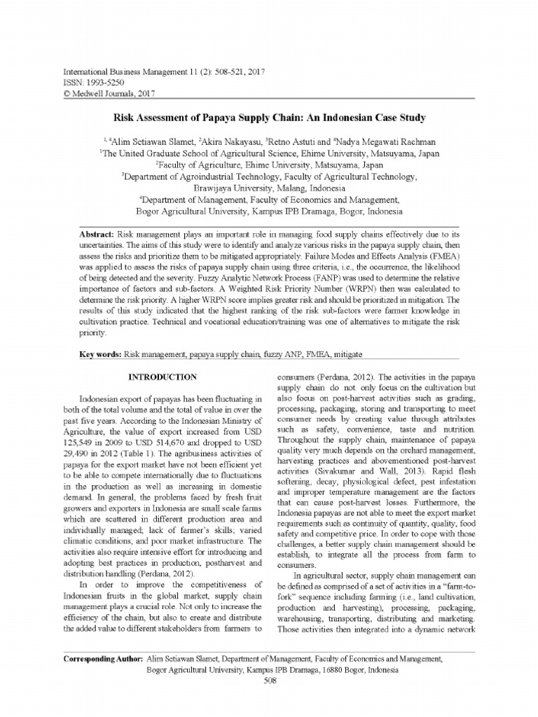 Slamet AS Et Al. 2017. Risk Assessment of Papaya Supply Chain An Indonesian Case Study | PDF