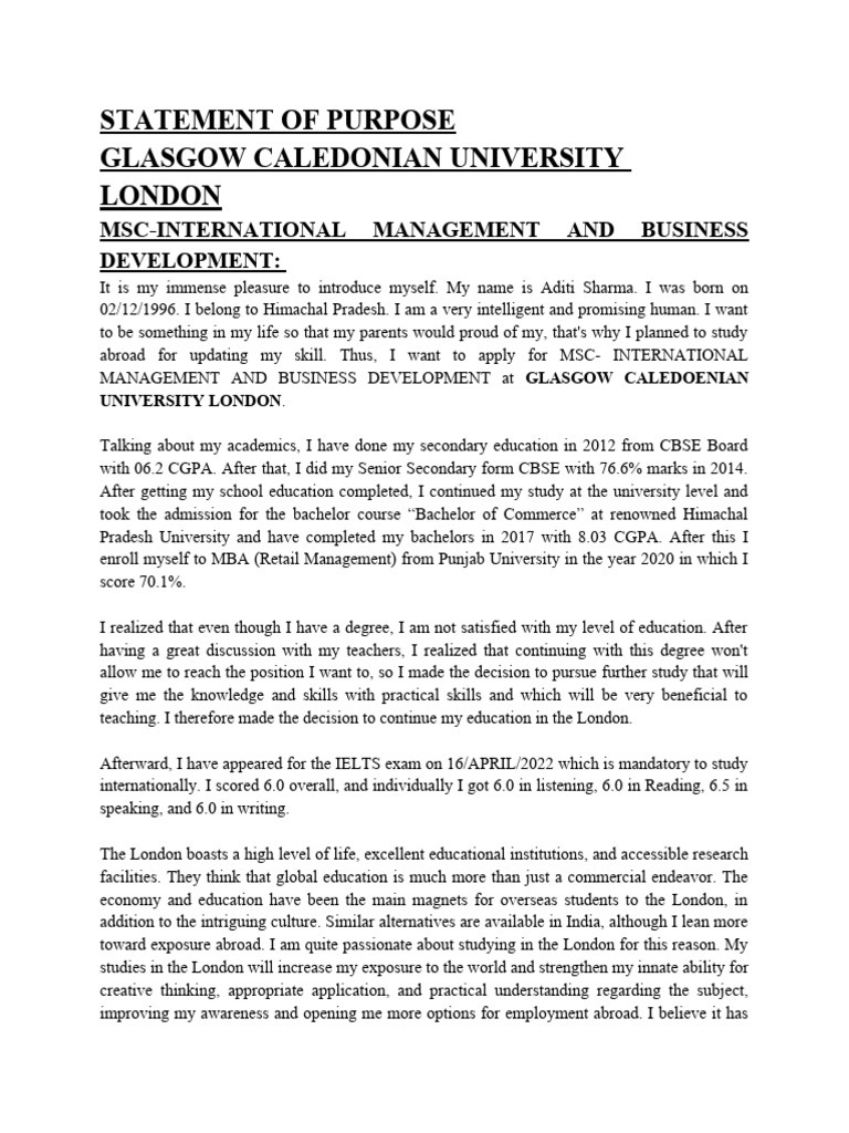Aditi Sharma Sop For Glasgow Caledonian University London | PDF | Career & Growth