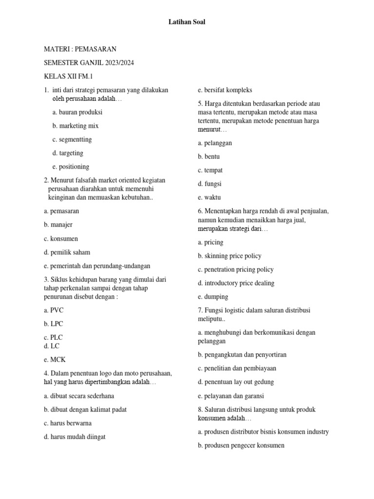 Latihan Soal Pemasaran 12 fm1 | PDF
