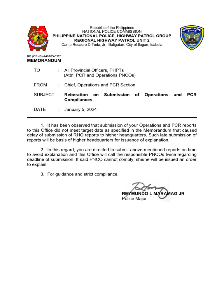 January 5, 2024 Memo Re On Time Submission of Operations and PCR ...