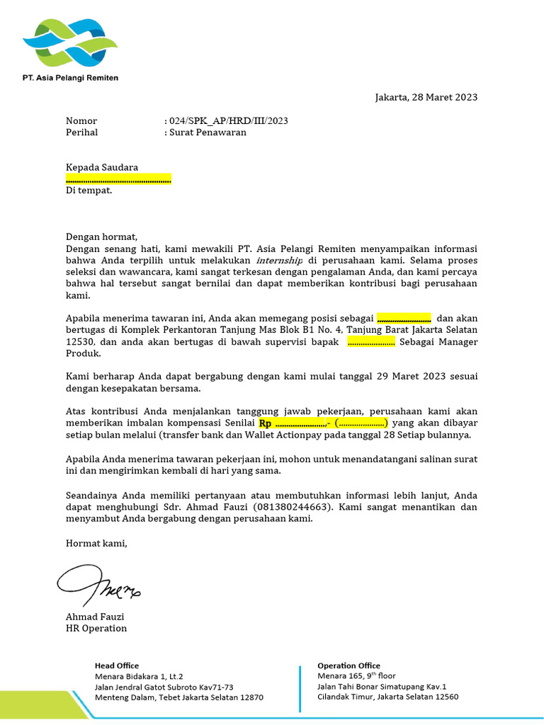 Surat Penawaran Kerja - Draft | PDF