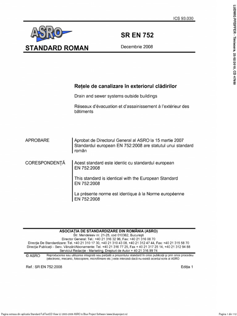 SR en 752-2008 Retele de Canalizare in Exteriorul Cladirilor | PDF