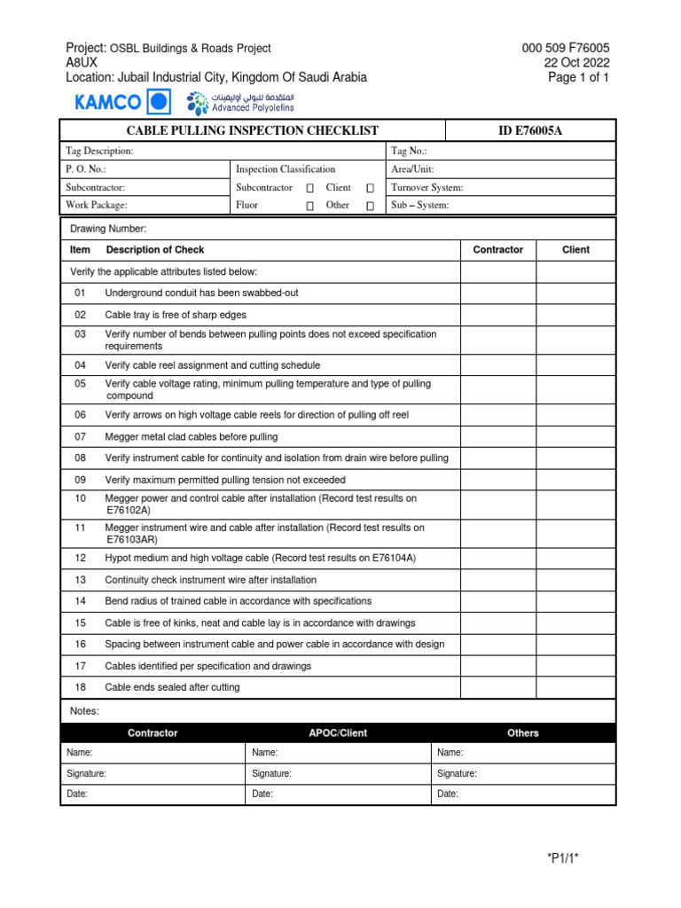 F76005 - Cable Pulling Inspection Checklist | PDF | Electrical Engineering | Manufactured Goods