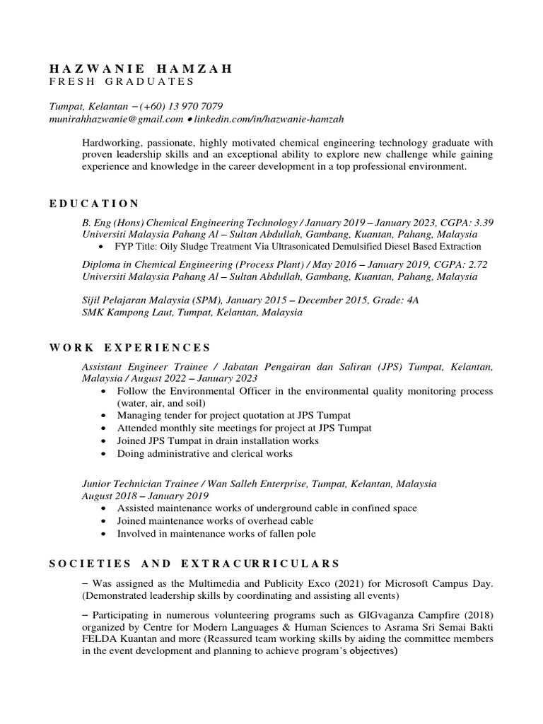 Chemical Engineering Graduate Resume | PDF