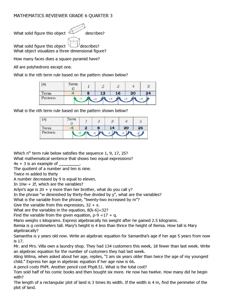 Grade 6 Math Review: Quarter 3 Concepts | PDF | Area | Speed