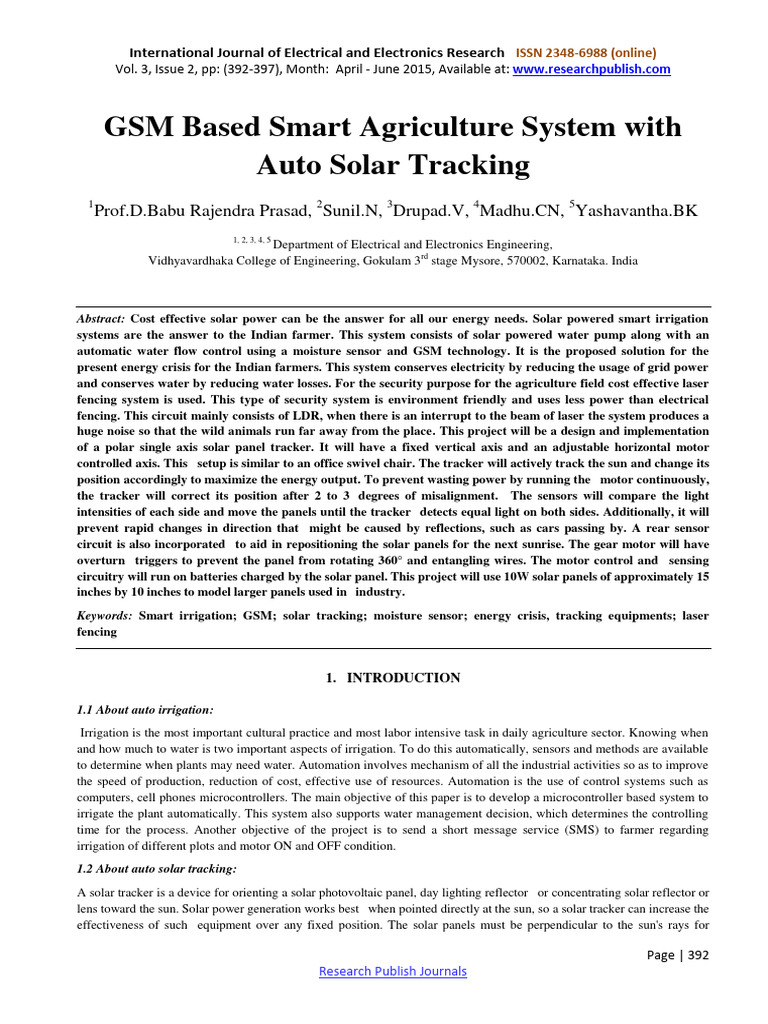 GSM Based Smart Agriculture System With Auto Solar Tracking-1649 | PDF | Electricity | Physical ...