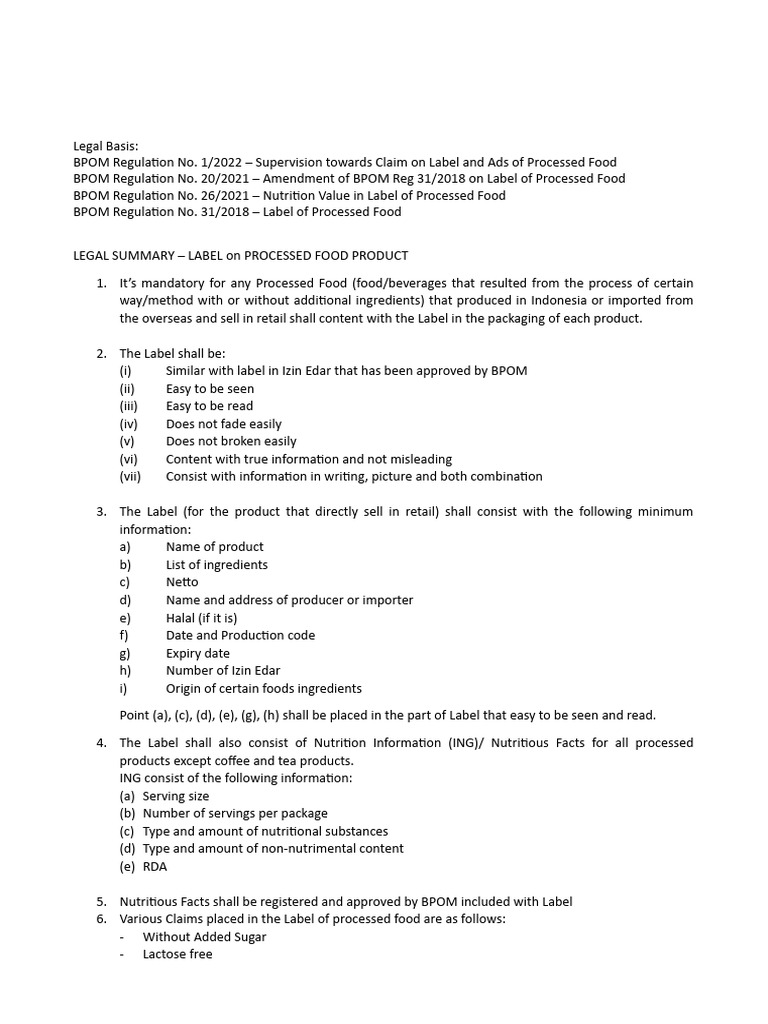 Legal Summary On Labelling RL20092023 | PDF | Food Processing | Nutrition